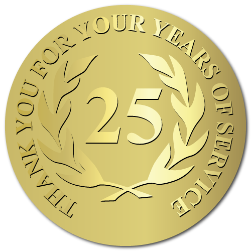 25 Years of Service, 2" Gold Foil Stamped & Embossed Award Labels