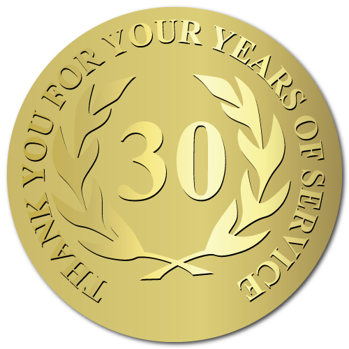 30 Years of Service, 2" Gold Foil Stamped & Embossed Award Labels