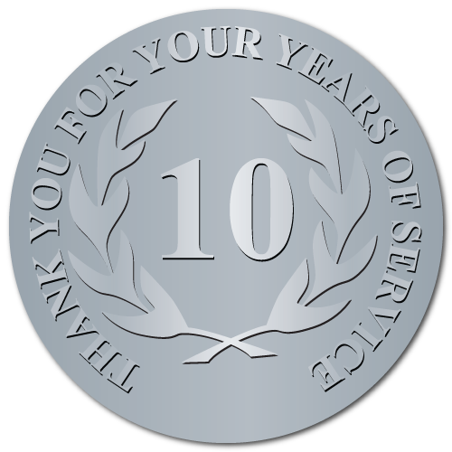10 Years of Service, Foil Stamped & Embossed Award Labels