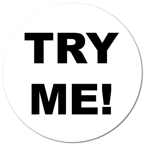 "Try Me!" Stickers with a black background.